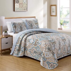 Kids Zone Home Linen Bedspread Set Damask Pattern Light Blue White Beige and Brown New (King/California King)