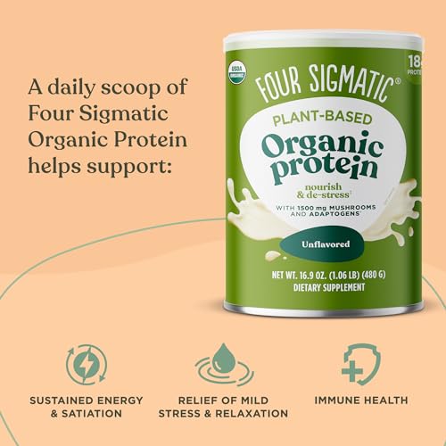 Four Sigmatic Organic Plant-Based Protein Powder Unflavored Protein with Lion’s Mane, Chaga, Cordyceps and More | Clean Vegan Protein Elevated for Brain Function and Immune Support | 16.9 oz