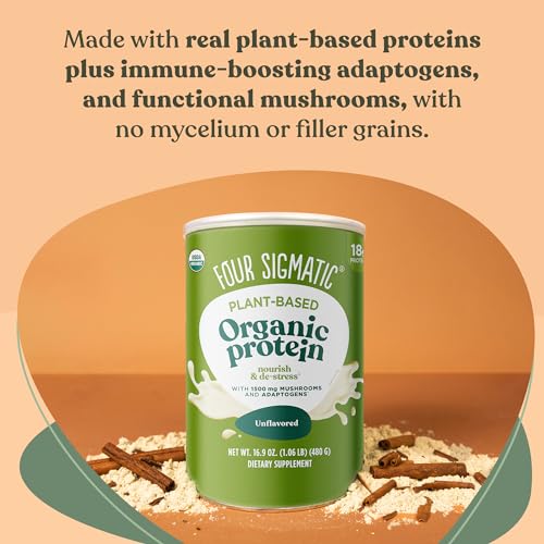 Four Sigmatic Organic Plant-Based Protein Powder Unflavored Protein with Lion’s Mane, Chaga, Cordyceps and More | Clean Vegan Protein Elevated for Brain Function and Immune Support | 16.9 oz