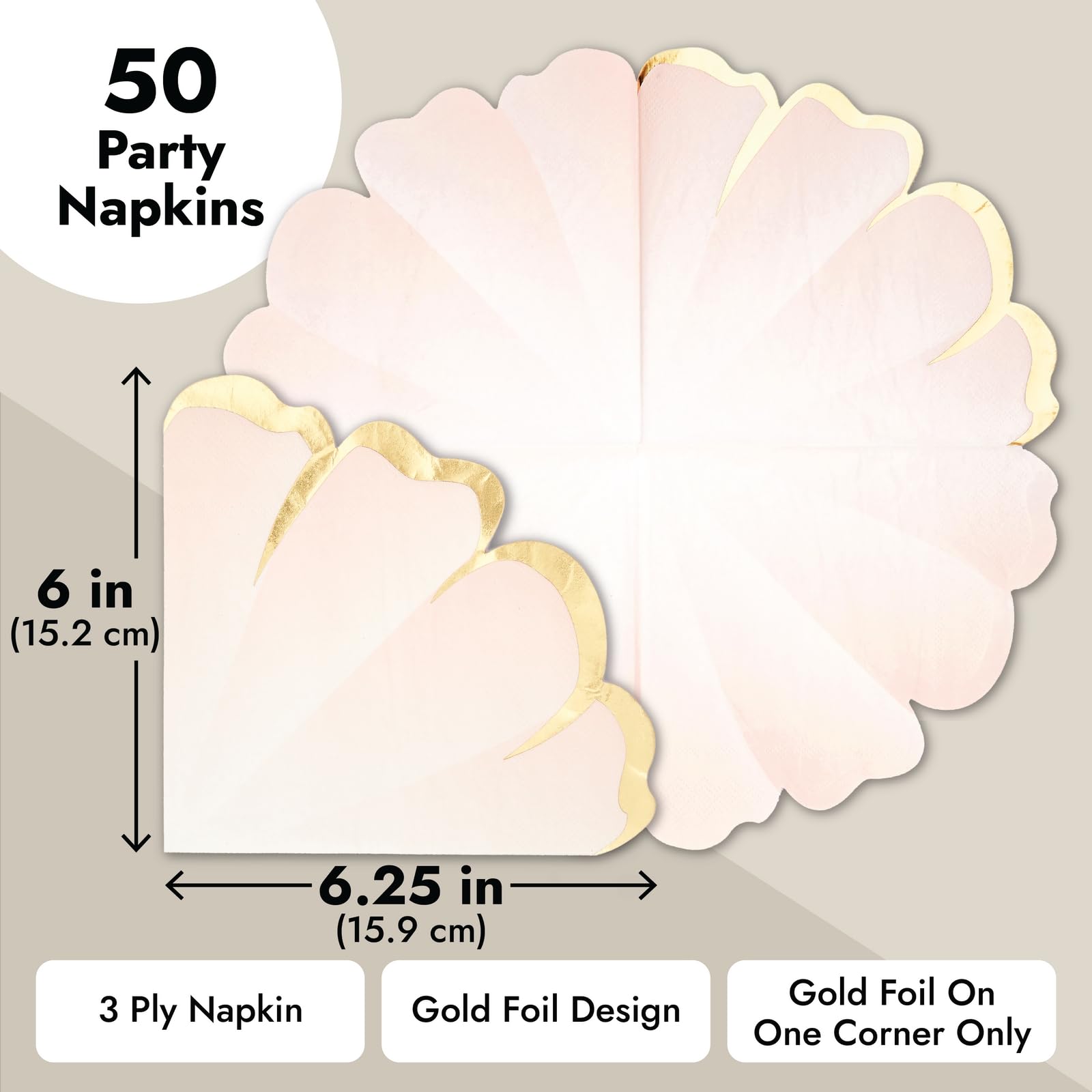 BLUE PANDA 50 Pack Pink & Gold Petal Floral Paper Napkins, 6.25x6 Inches, Scalloped Napkins for Birthday, Wedding, Bridal Shower, Tea Party & More