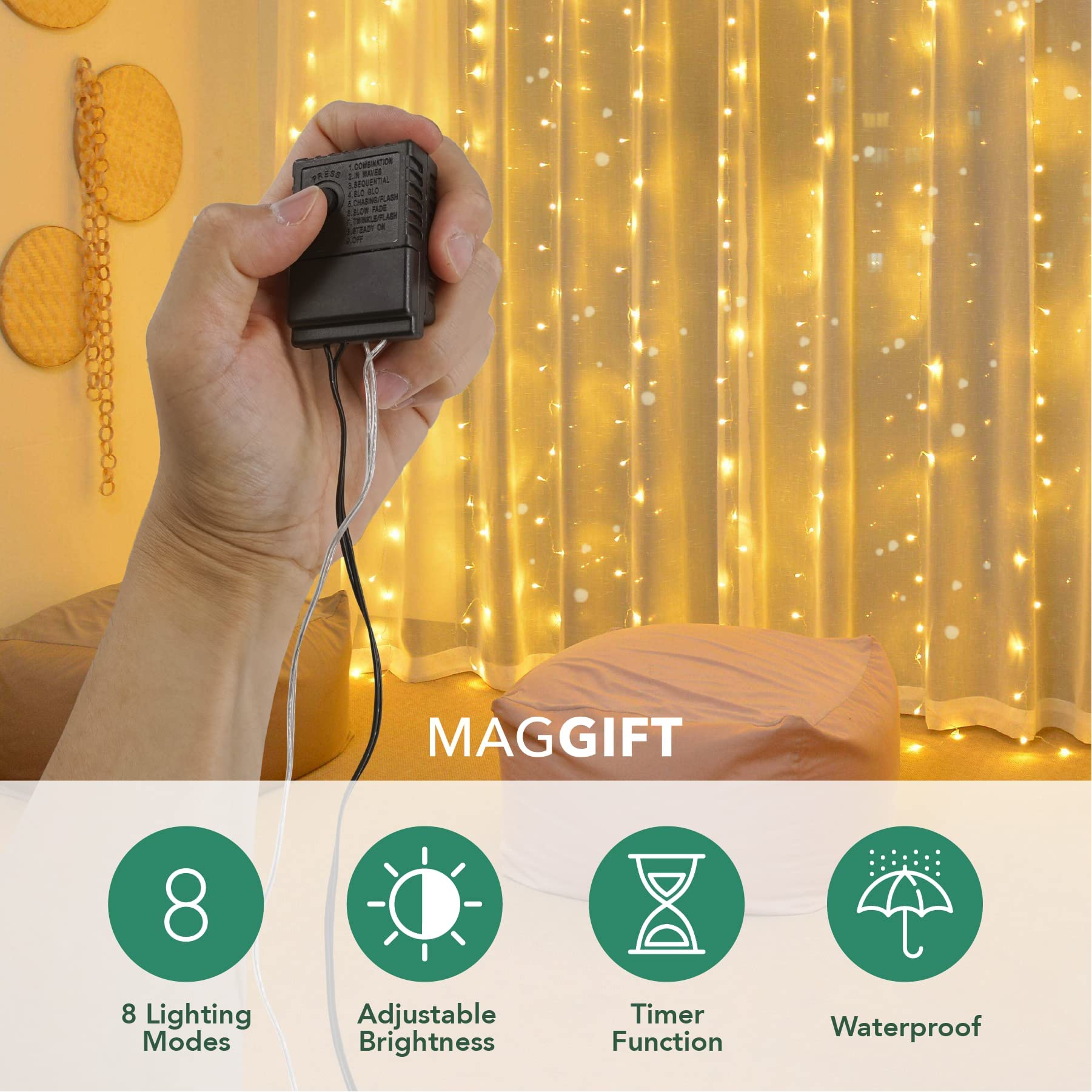 MAGGIFT 304 LED Curtain String Lights, 9.8 x 9.8 ft, 8 Modes Plug in Fairy String Light with Remote Control, Christmas, Backdrop for Indoor Outdoor Bedroom Window Wedding Party Decoration, Warm White