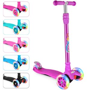 beleev scooters for kids 3 wheel kick scooter for toddlers girls boys, 4 adjustable height, lean to steer, light up wheels, extra-wide deck, easy to assemble for children ages 3-12 (dark lilac)