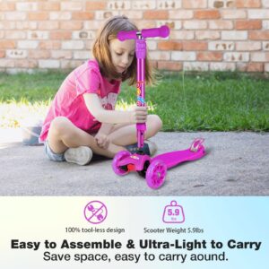 BELEEV Scooters for Kids 3 Wheel Kick Scooter for Toddlers Girls Boys, 4 Adjustable Height, Lean to Steer, Light up Wheels, Extra-Wide Deck, Easy to Assemble for Children Ages 3-12 (Dark Lilac)