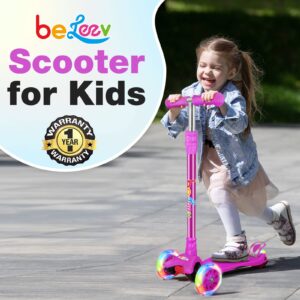 BELEEV Scooters for Kids 3 Wheel Kick Scooter for Toddlers Girls Boys, 4 Adjustable Height, Lean to Steer, Light up Wheels, Extra-Wide Deck, Easy to Assemble for Children Ages 3-12 (Dark Lilac)