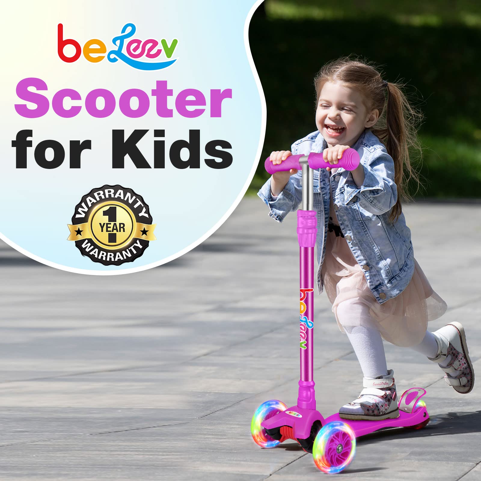 BELEEV Scooters for Kids 3 Wheel Kick Scooter for Toddlers Girls Boys, 4 Adjustable Height, Lean to Steer, Light up Wheels, Extra-Wide Deck, Easy to Assemble for Children Ages 3-12 (Dark Lilac)