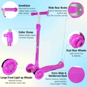 BELEEV Scooters for Kids 3 Wheel Kick Scooter for Toddlers Girls Boys, 4 Adjustable Height, Lean to Steer, Light up Wheels, Extra-Wide Deck, Easy to Assemble for Children Ages 3-12 (Dark Lilac)