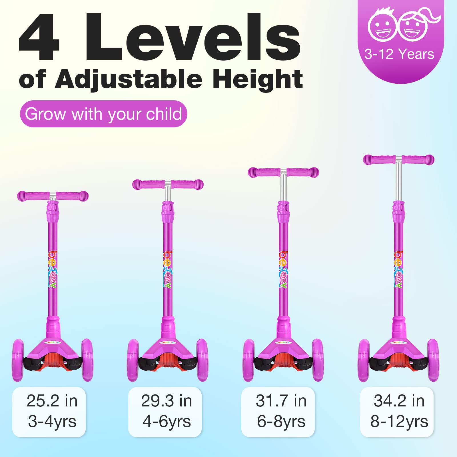 BELEEV Scooters for Kids 3 Wheel Kick Scooter for Toddlers Girls Boys, 4 Adjustable Height, Lean to Steer, Light up Wheels, Extra-Wide Deck, Easy to Assemble for Children Ages 3-12 (Dark Lilac)