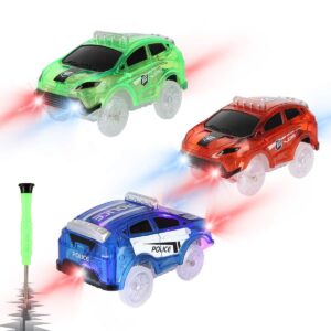 tracks cars only replacement, flex track race cars for magic tracks glow in the dark, led lights up battery operated snap n glow trax cars accessories, compatible with most car tracks for kids (3pack