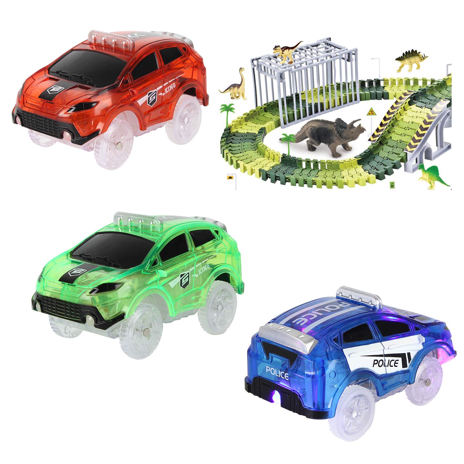 Tracks Cars Only Replacement, Flex Track Race Cars for Magic Tracks Glow in the Dark, LED Lights Up Battery Operated Snap N Glow Trax Cars Accessories, Compatible with Most Car Tracks for Kids (3pack