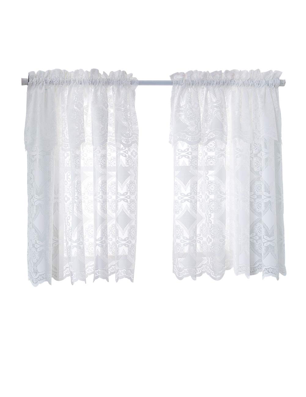 Molaxhome Lace Curtains 29 x 36 inch, 2 Pack White Kitchen Tiers Sheer Rod Pocket Voile for Small Bathroom Window Treatment (29 x 36 inch, White)