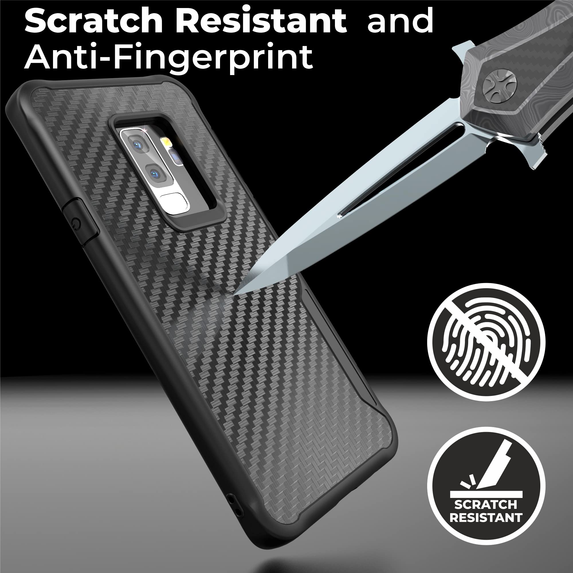 Carbon Fiber Pattern Slim Case Compatible with Samsung Galaxy S9 Plus, Shockproof 10ft. Drop Tested, Wireless Charging Compatible - Black