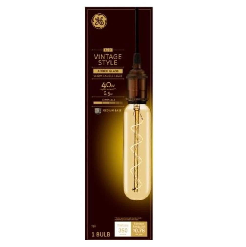 GE Lighting Vintage Style LED Tube Light Bulb, 6.5 Watts (40 Watt Equivalent) Warm Candle Light, Amber Glass, Medium Base, Dimmable (1 Pack)