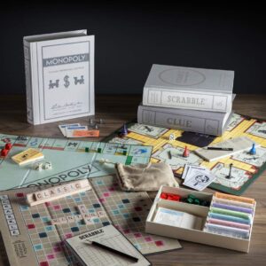 Scrabble, Monopoly, and Clue Vintage Board Game Bookshelf Collection