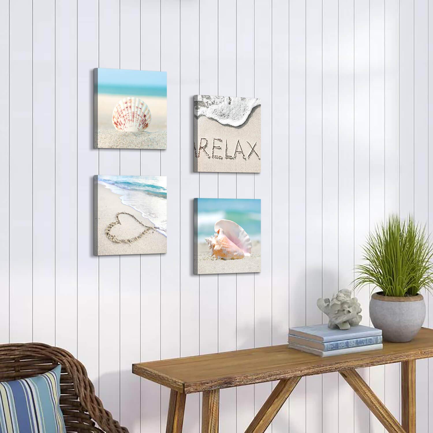 Coastal Beach Picture Wall Art: Seascape Painting Seashell Giclee Print on Canvas for Living Room (12" x 12" x 4 PCS, Multiple Style)