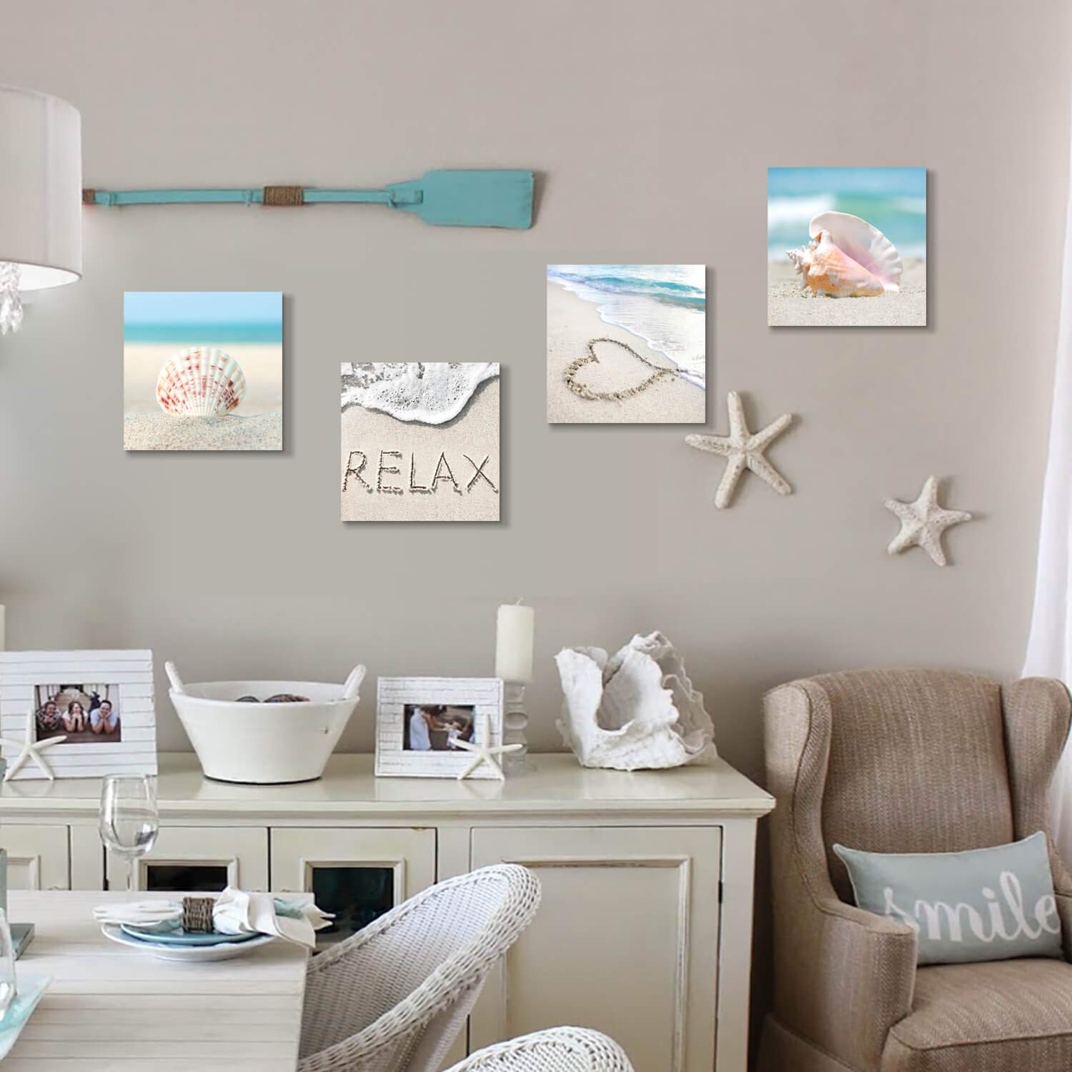 Coastal Beach Picture Wall Art: Seascape Painting Seashell Giclee Print on Canvas for Living Room (12" x 12" x 4 PCS, Multiple Style)