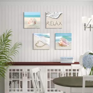 Coastal Beach Picture Wall Art: Seascape Painting Seashell Giclee Print on Canvas for Living Room (12" x 12" x 4 PCS, Multiple Style)