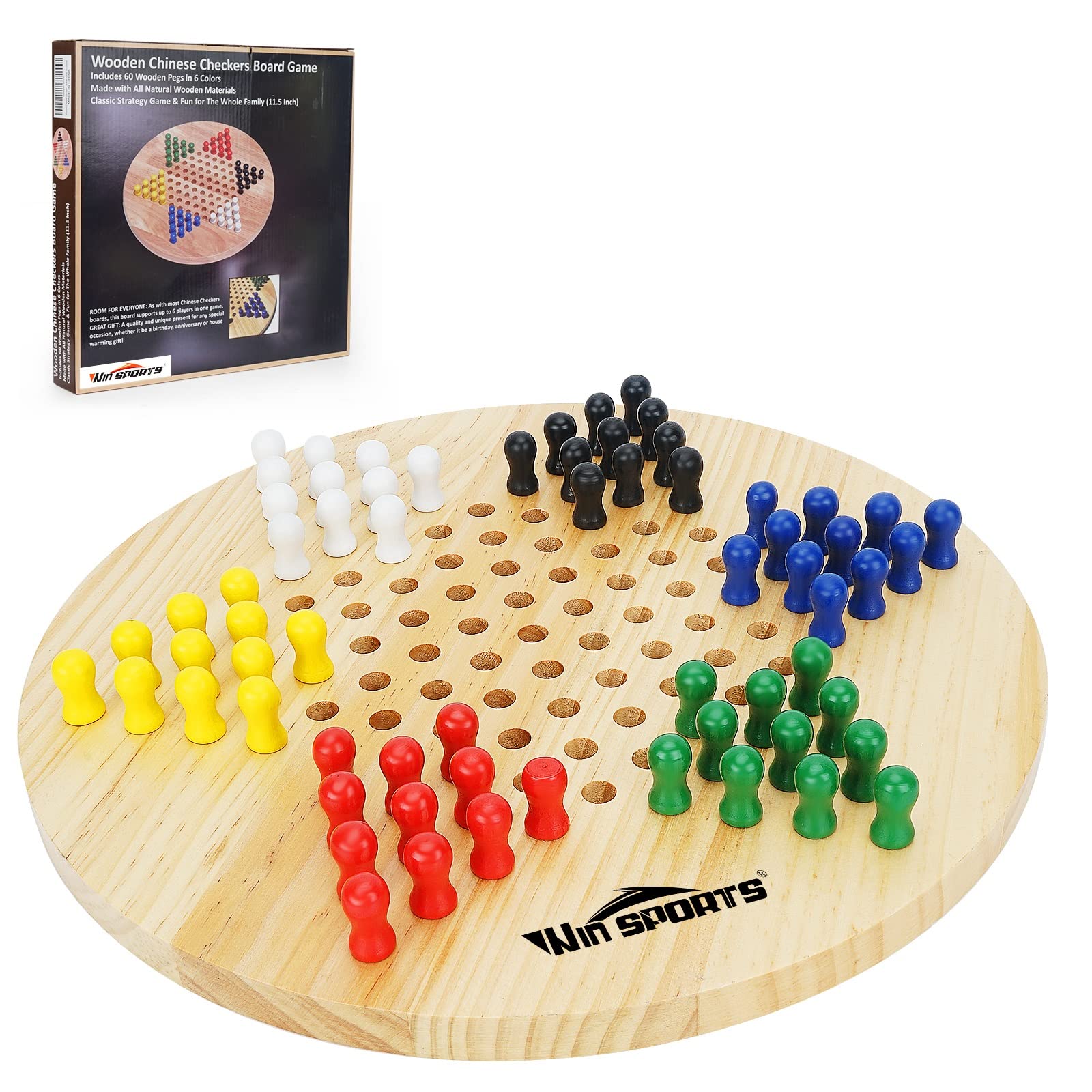 Win SPORTS Chinese Checkers Board - Wooden Game Classic Strategy Game & Fun for The Whole Family,Includes 60 Wooden Pegs in 6 Colors,Made with All Natural Wooden Materials (11.5 Inch)