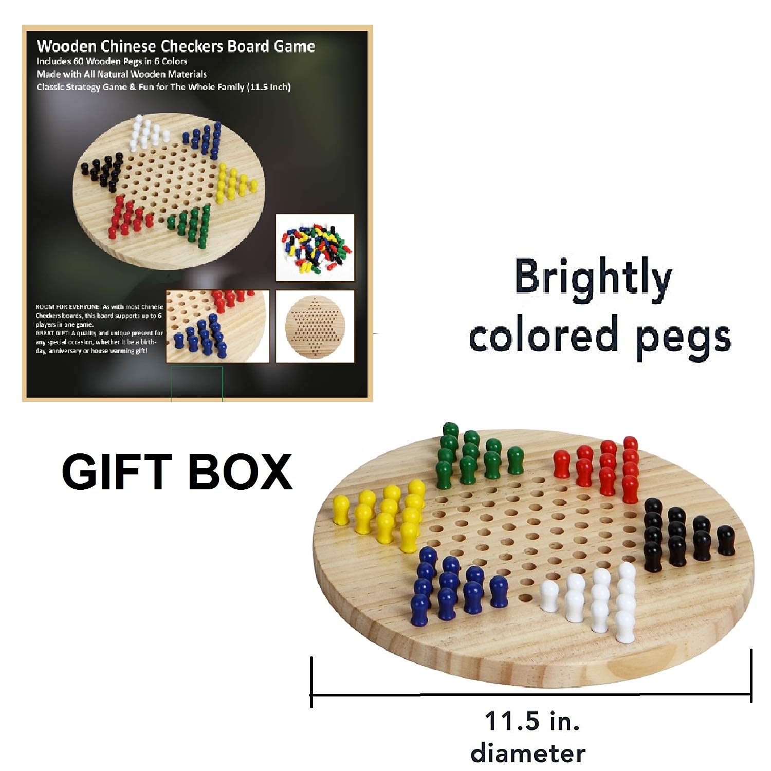 Win SPORTS Chinese Checkers Board - Wooden Game Classic Strategy Game & Fun for The Whole Family,Includes 60 Wooden Pegs in 6 Colors,Made with All Natural Wooden Materials (11.5 Inch)