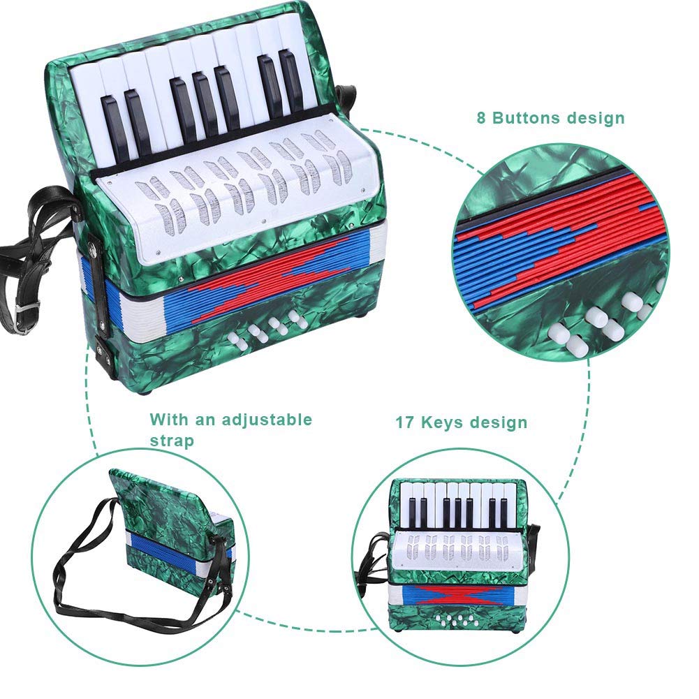 17 Key 8 Bass Piano Accordion with a Manual for Kids Adults(Green)