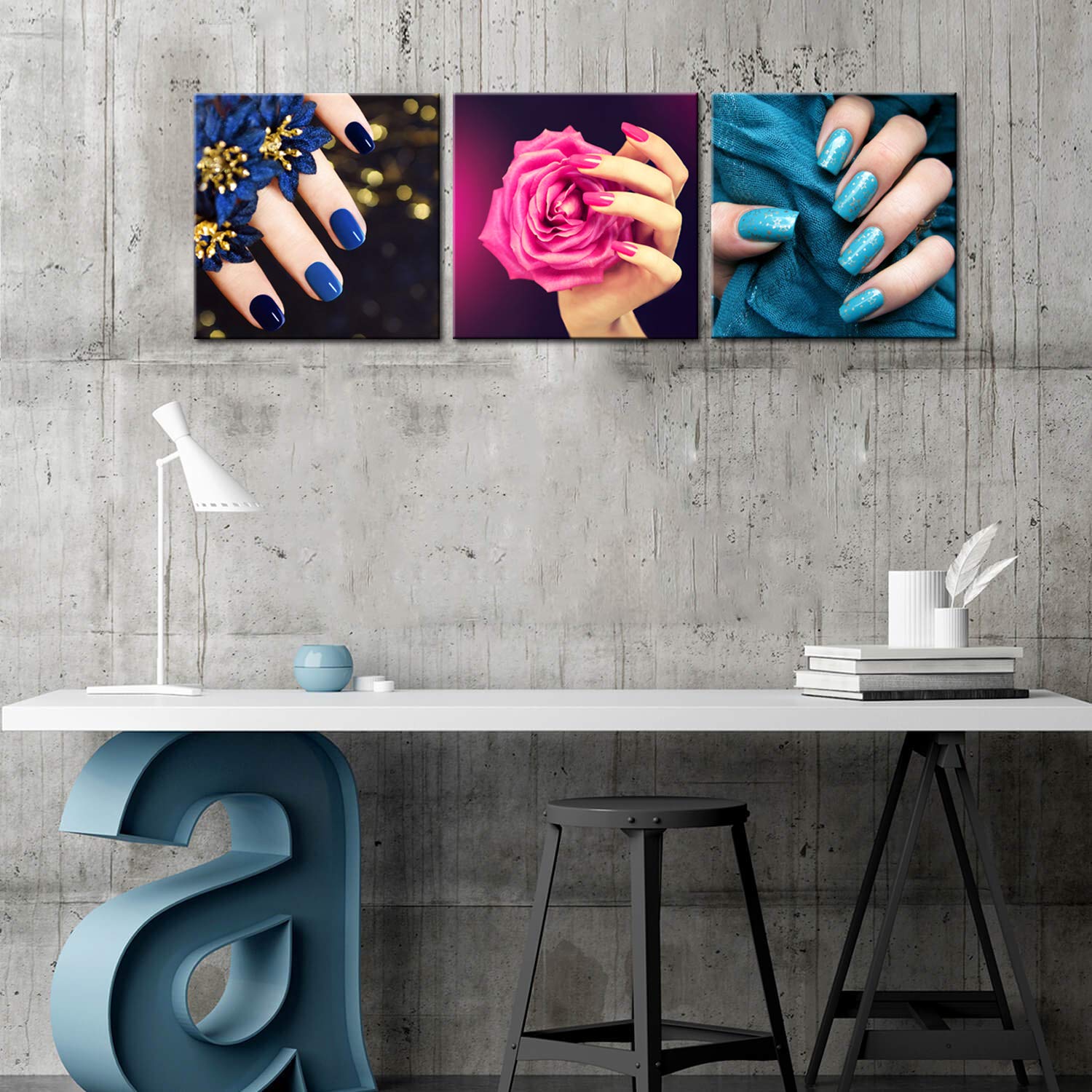 Artsbay 3 Pieces Modern Canvas Wall Art Fashion Woman Beauty Salon Painting Picture Nail Hand Spa Artwork Makeup and Manicure Poster Bedroom Decor Stretched Ready to Hang