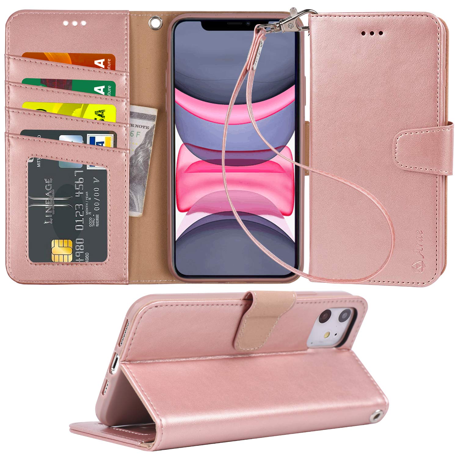 Arae Case for iPhone 11 Wallet Case Cover with Card Holder PU Leather with Wrist Strap and [4-Slots] ID&Credit Cards Pocket for iPhone 11 6.1 inch - Rosegold