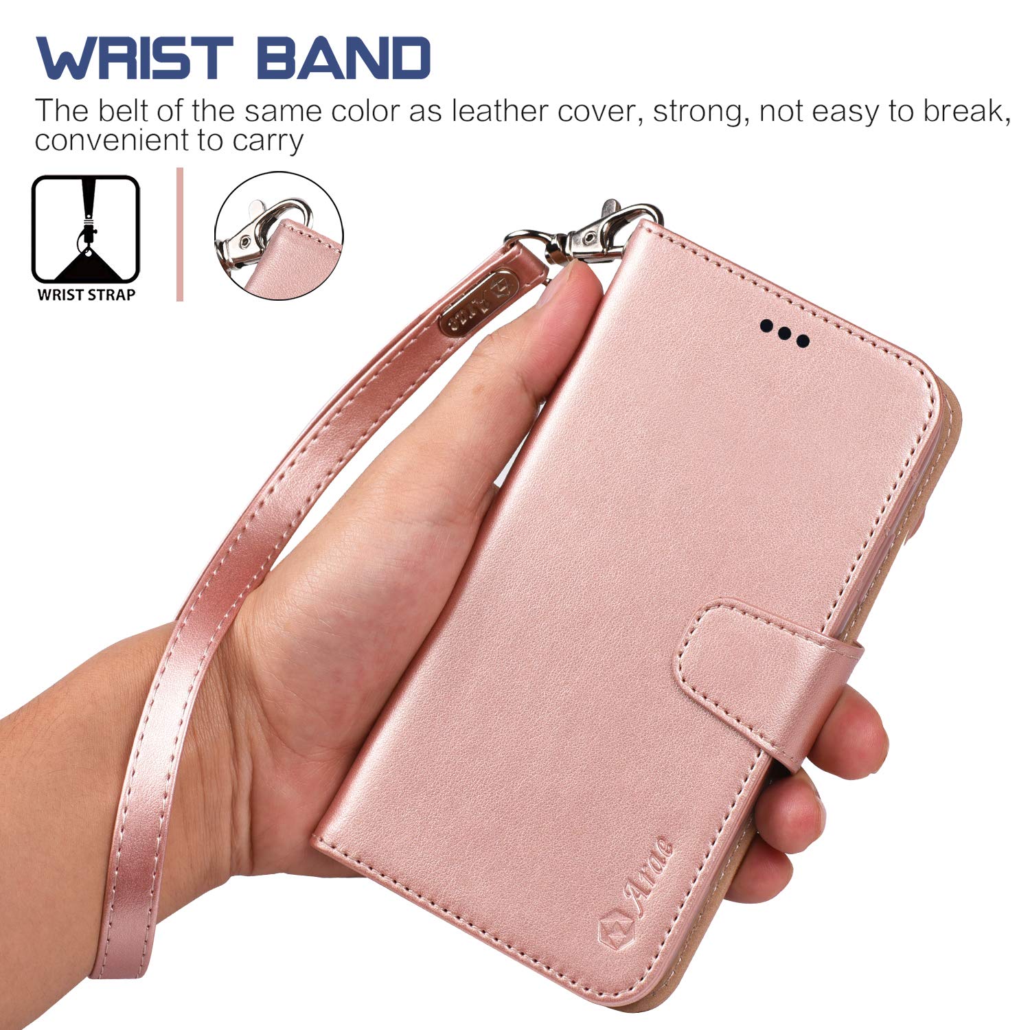 Arae Case for iPhone 11 Wallet Case Cover with Card Holder PU Leather with Wrist Strap and [4-Slots] ID&Credit Cards Pocket for iPhone 11 6.1 inch - Rosegold