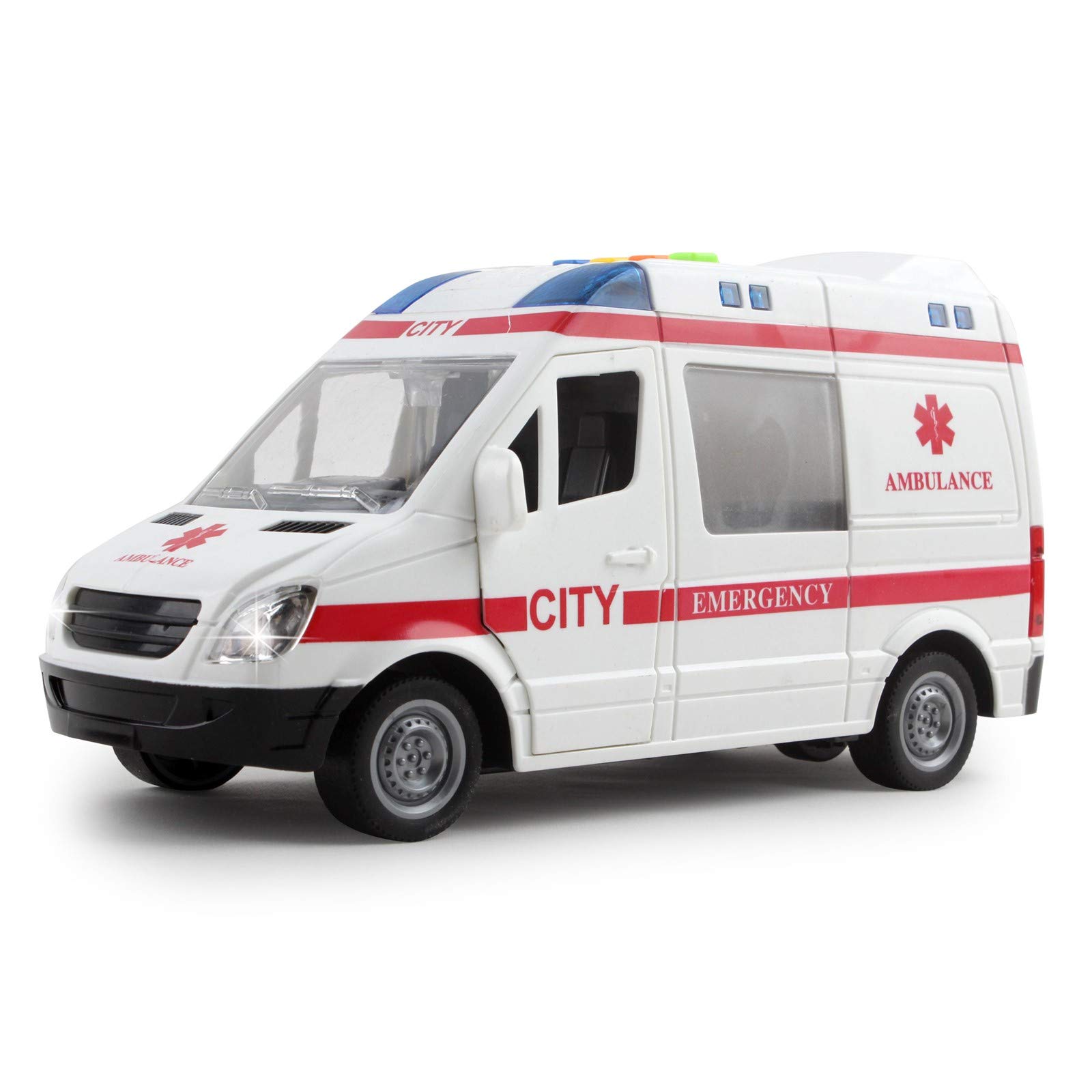 Vokodo Rescue Ambulance Friction Powered 1:16 Scale with Lights and Sounds Kids Medical Transport Emergency Vehicle Push and Go Durable Toy Car Pretend Play Van Great Gift for Children Boys Girls