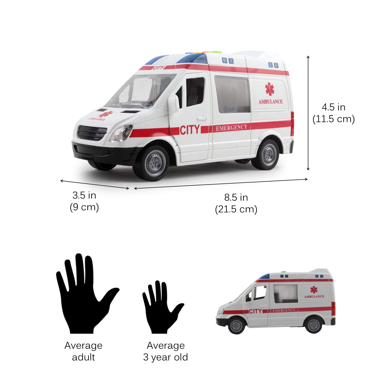 Vokodo Rescue Ambulance Friction Powered 1:16 Scale with Lights and Sounds Kids Medical Transport Emergency Vehicle Push and Go Durable Toy Car Pretend Play Van Great Gift for Children Boys Girls