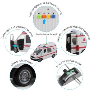 Vokodo Rescue Ambulance Friction Powered 1:16 Scale with Lights and Sounds Kids Medical Transport Emergency Vehicle Push and Go Durable Toy Car Pretend Play Van Great Gift for Children Boys Girls