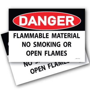 (2 pack) danger flammable material no smoking or open flames sign 7"x10" self adhesive vinyl sticker decal indoor/outdoor water proof with uv protection