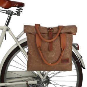 tourbon canvas and leather roll-top clip-on bicycle panniers women's shoulder tote bag (brown)