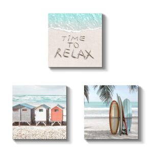 tar tar studio beach coastal canvas wall art: seashore artwork surfboard picture seascape painting for living room (12" x 12" x 3 pcs, multiple sizes)