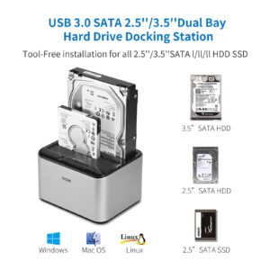 SSK Aluminum Hard Drive Docking Station, USB 3.0 to SATA Dual Bay External HDD Dock Caddy Reader for 2.5 & 3.5 inch SATA HDD SSD, with UASP Offline Cloner/Duplicator Function(2x16TB Supports)