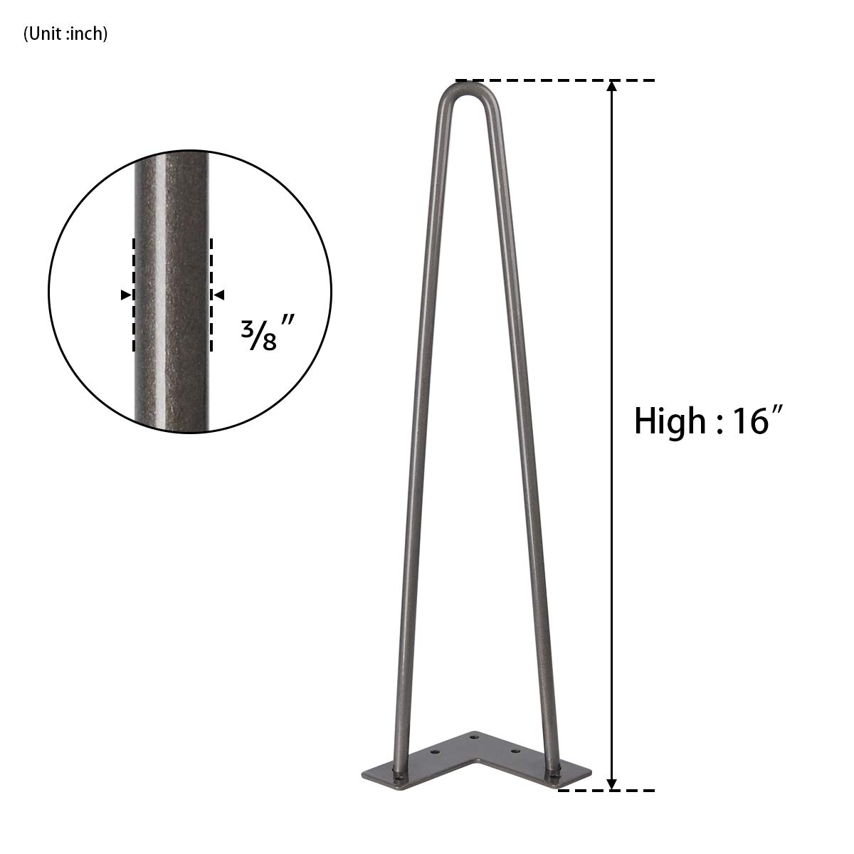 SMARTSTANDARD 16 Inch Heavy Duty Hairpin Furniture Legs, Metal Home DIY Projects for Nightstand, Coffee Table, Desk, etc with Rubber Floor Protectors Grey 4PCS