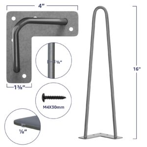 SMARTSTANDARD 16 Inch Heavy Duty Hairpin Furniture Legs, Metal Home DIY Projects for Nightstand, Coffee Table, Desk, etc with Rubber Floor Protectors Grey 4PCS