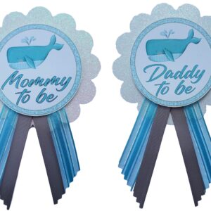 2 Mommy & Daddy to Be Pin Whale Ocean Baby Shower It's a Boy for parents to wear, Blue & White Sprinkle