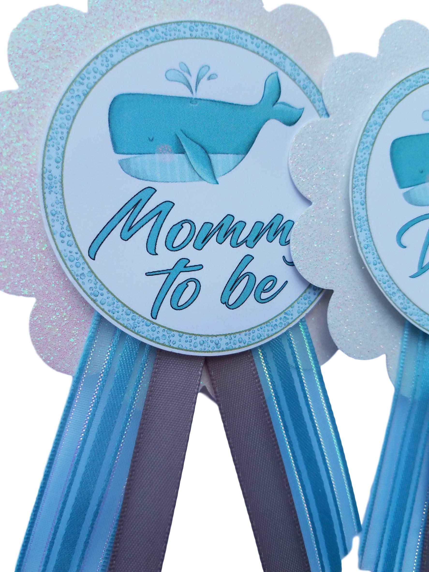 2 Mommy & Daddy to Be Pin Whale Ocean Baby Shower It's a Boy for parents to wear, Blue & White Sprinkle