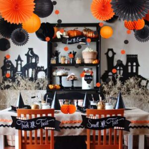 Halloween Party Decorations Supplies Kit Hanging Paper Lantern Tissue Paper Fan Pumpkins Round Garland for Halloween Party Night Thanksgiving Home Decor Indoor Outdoor