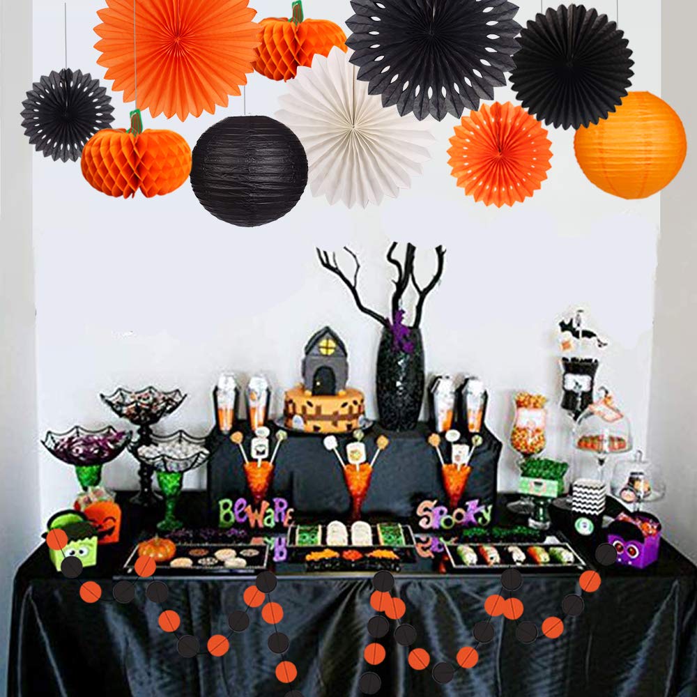 Halloween Party Decorations Supplies Kit Hanging Paper Lantern Tissue Paper Fan Pumpkins Round Garland for Halloween Party Night Thanksgiving Home Decor Indoor Outdoor