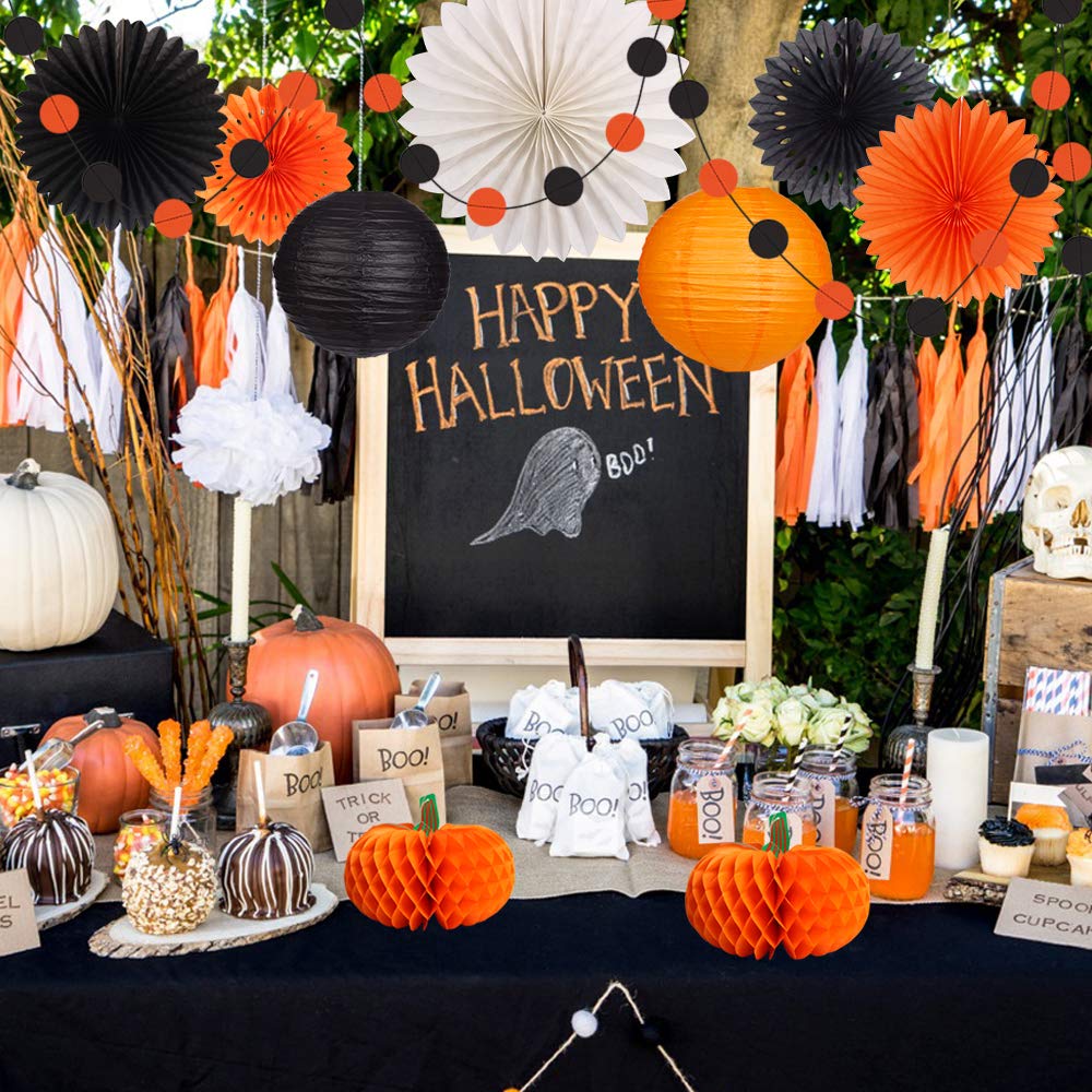 Halloween Party Decorations Supplies Kit Hanging Paper Lantern Tissue Paper Fan Pumpkins Round Garland for Halloween Party Night Thanksgiving Home Decor Indoor Outdoor