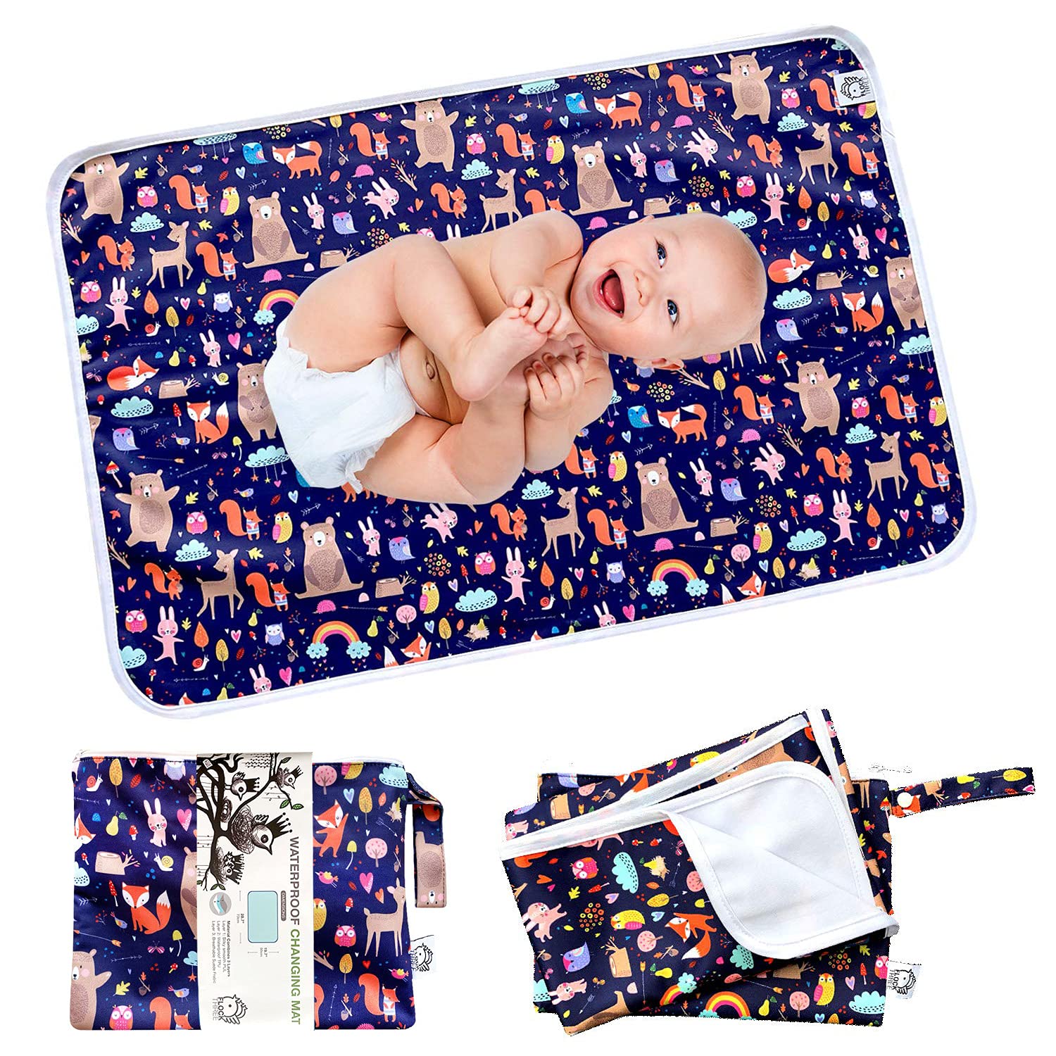 Flockthree Waterproof Baby Changing Pad with Storage Bag (43.3" X 28.7") Washable Wipeable Reusable Leak Proof Diaper Travel Mat Station Changing Mattress Liner Cribs Bed Cover, Animals