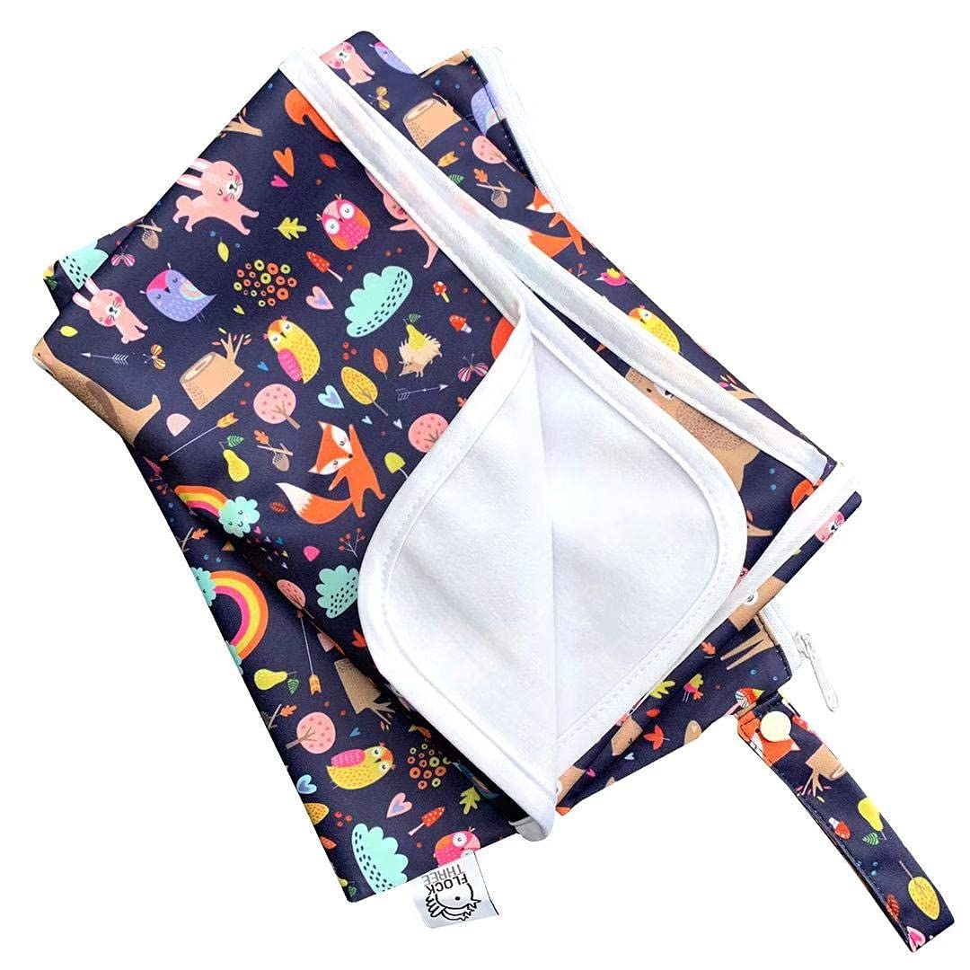 Flockthree Waterproof Baby Changing Pad with Storage Bag (43.3" X 28.7") Washable Wipeable Reusable Leak Proof Diaper Travel Mat Station Changing Mattress Liner Cribs Bed Cover, Animals