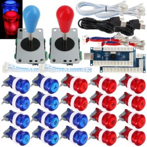 sj@jx 2 player arcade game stick diy kit buttons with logo led 8 way joystick usb encoder cable controller for pc mame raspberry pi red blue