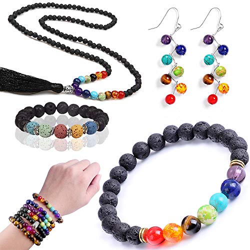 EuTengHao 702Pcs Lava Beads Stone Rock Beads Rainbow Striped Beads Kit with Chakra Beads Cloisonne Beads Spacer Beads Bracelet String Cord for Diffuser Essential Oils Adult Jewelry Making Supplies