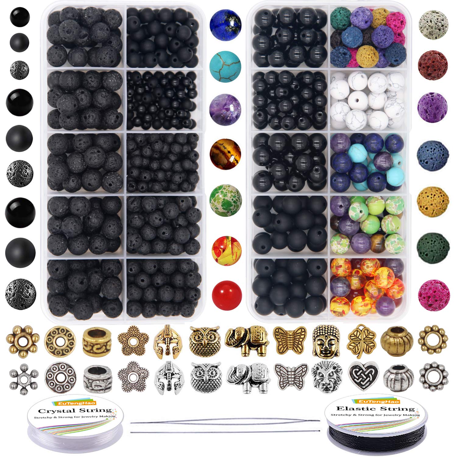 EuTengHao 810Pcs Color Lava Rock Beads Stone Chakra Beads Spacer Beads Kit with Volcanic Gemstone Crystal String for Diffuser Essential Oils Yoga Bracelets DIY Jewelry Making Supplies (4mm 6mm 8mm)