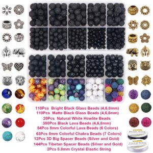 EuTengHao 810Pcs Color Lava Rock Beads Stone Chakra Beads Spacer Beads Kit with Volcanic Gemstone Crystal String for Diffuser Essential Oils Yoga Bracelets DIY Jewelry Making Supplies (4mm 6mm 8mm)