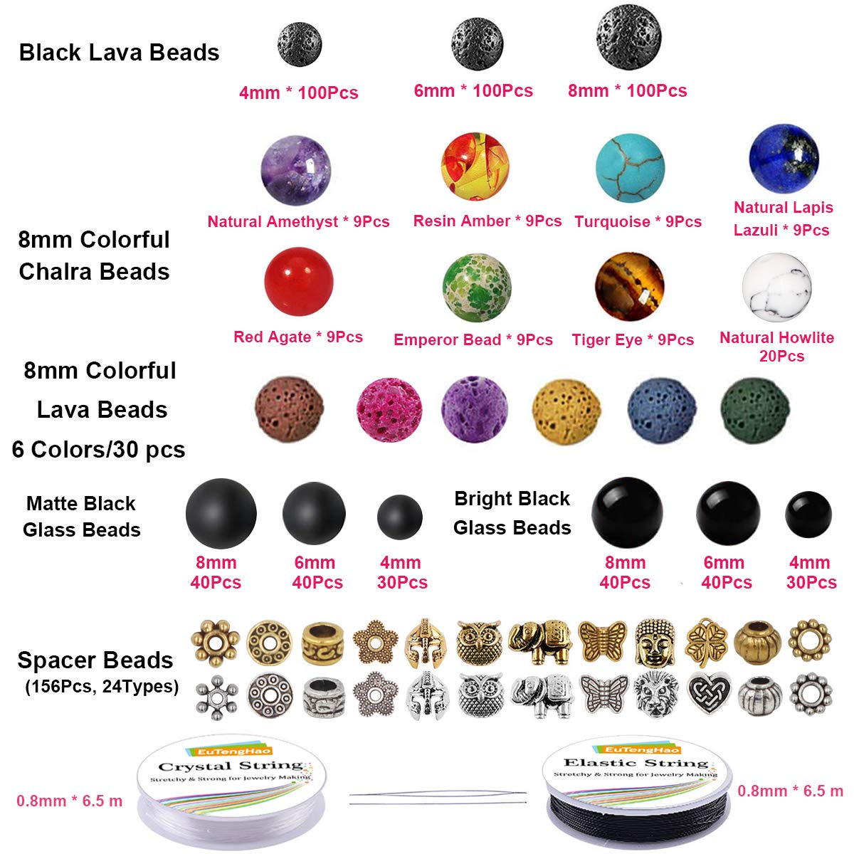 EuTengHao 810Pcs Color Lava Rock Beads Stone Chakra Beads Spacer Beads Kit with Volcanic Gemstone Crystal String for Diffuser Essential Oils Yoga Bracelets DIY Jewelry Making Supplies (4mm 6mm 8mm)