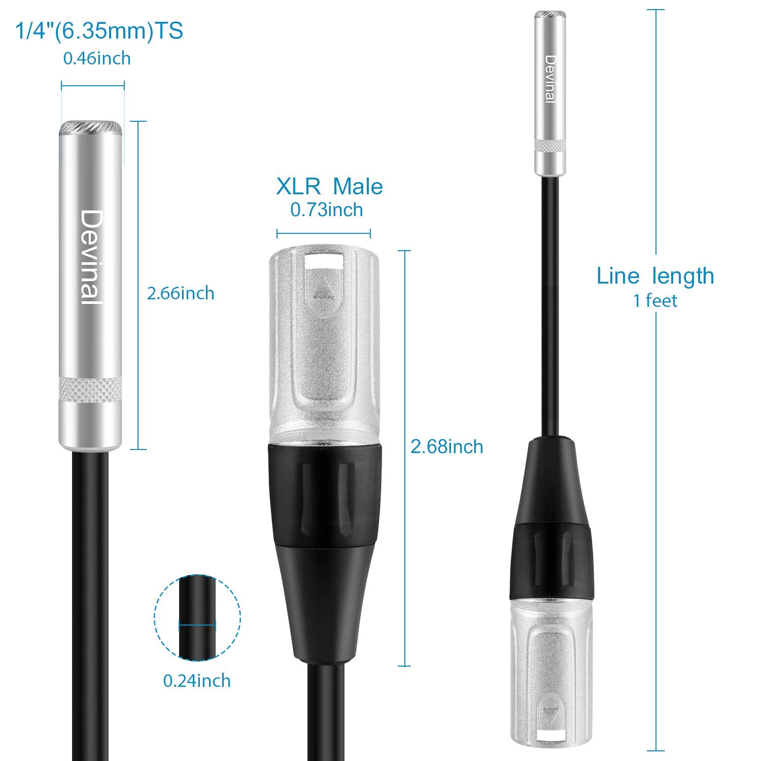 Devinal XLR Male to 1/4" Female calbe, 3 Pin Male to 6.35mm Socket Audio Cord, XLR Plug to TS/TRS Quarter inch Adapter Connector Converter Metal Construction 1 feet (30 cm)