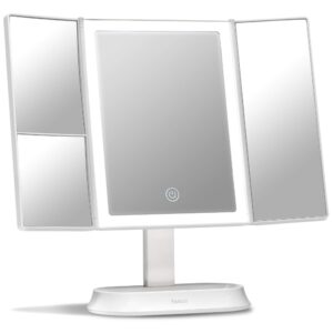 fancii makeup mirror with natural led lights, lighted trifold vanity mirror with 5x & 7x magnifications - 40 dimmable lights, touch screen, cosmetic stand - sora (white)