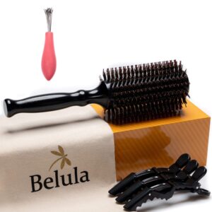 belula boar bristle round brush for blow drying set. round hair brush with medium 2.4" wooden barrel. hairbrush ideal to add volume and body. free 3 x hair clips & travel bag.